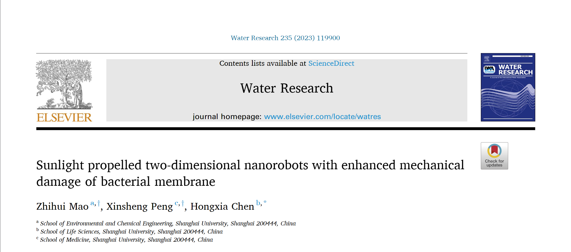生命科学学院陈红霞教授团队在国际知名期刊《Water Research》上发表最新研究成果-上海大学