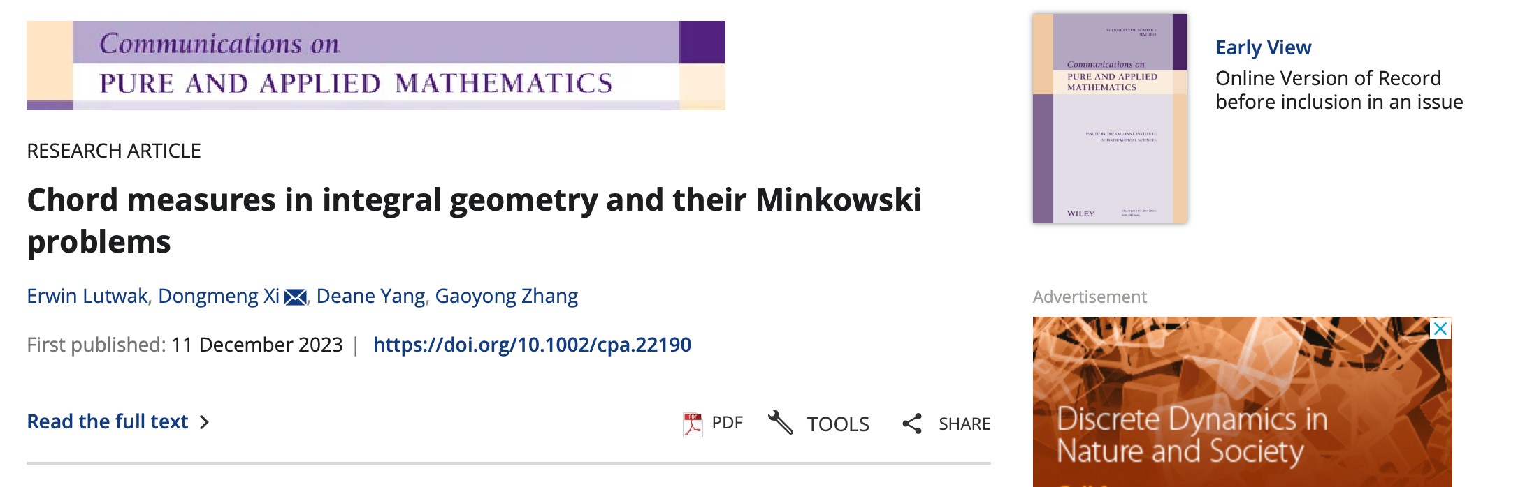 理学院席东盟教授在《Comm. Pure Appl. Math.》《Math. Ann.》上发表科研成果-上海大学